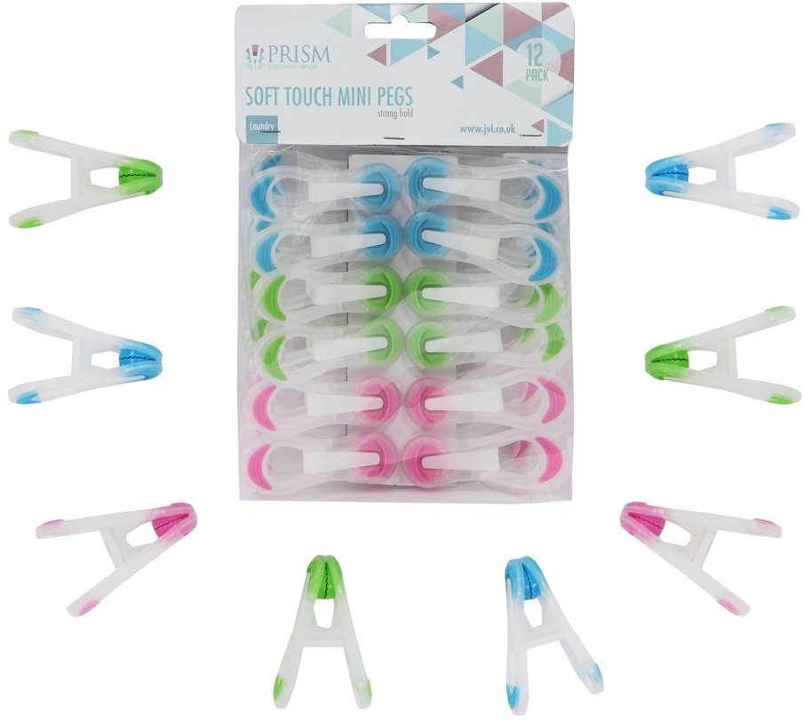 JVL Prism Soft Touch Mini Assorted Pegs 12 Pack - Laundry Accessories