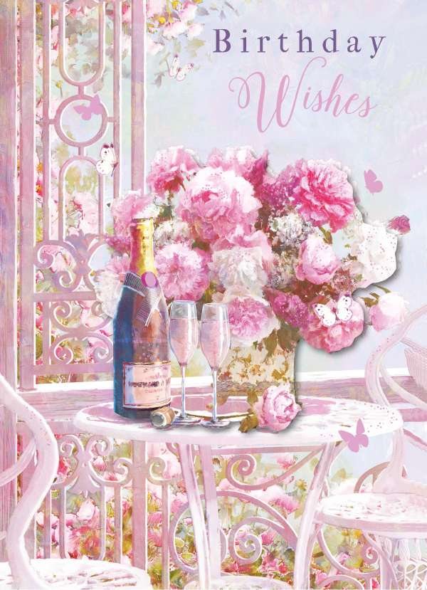 Decoupage Flowers & Champagne Birthday Card - Birthday