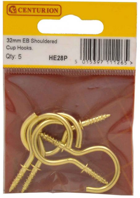 Centurion Brassed Shouldered Cup Hooks 5 Pack - Domestic Hooks & Handles